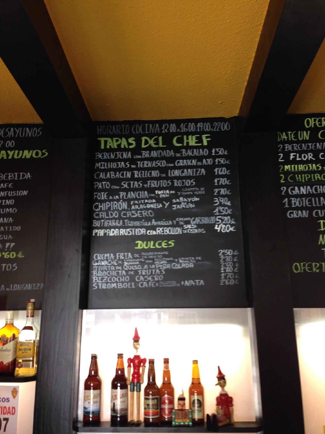 Menu at Restaurante Pinocho, Zaragoza
