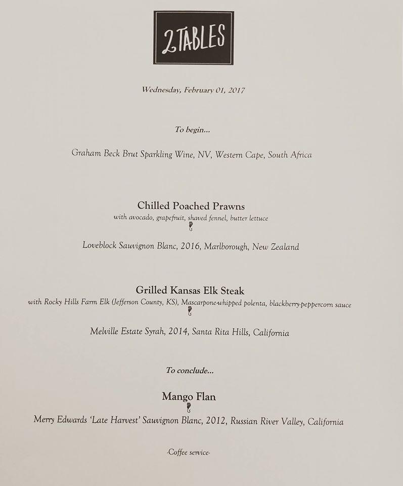 Menu at 2 Tables restaurant, Lawrence