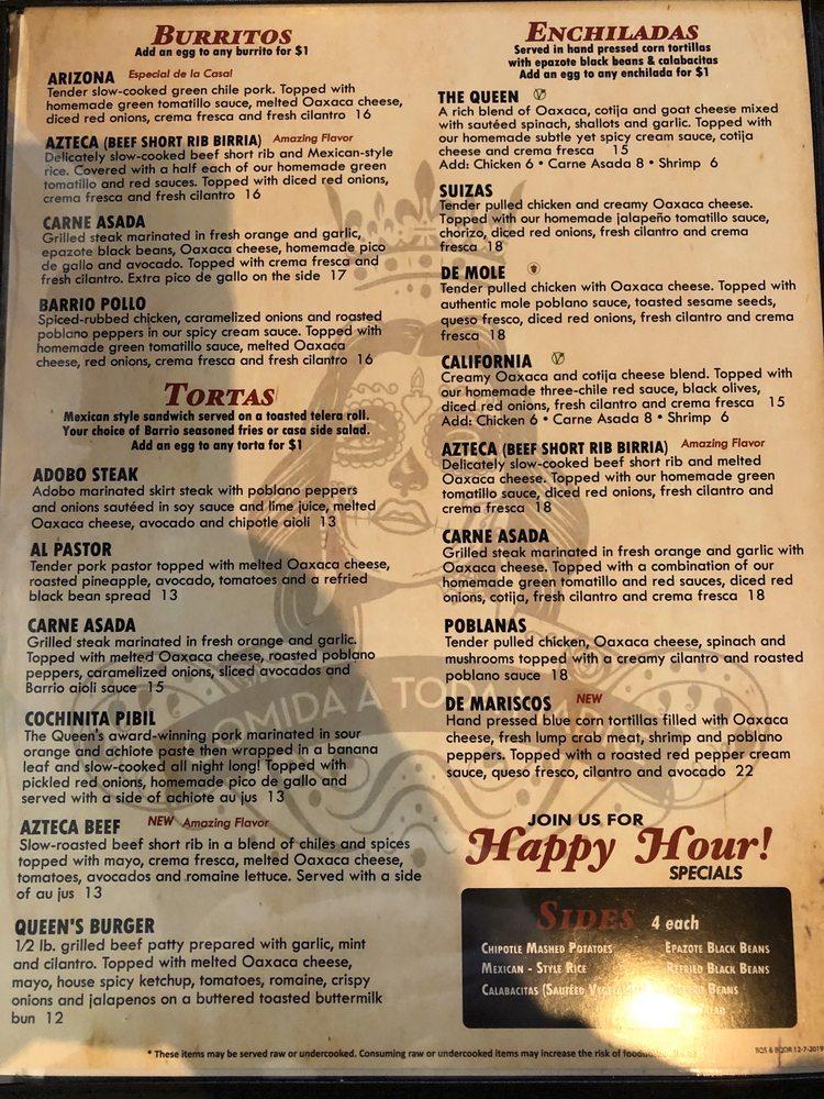 Menu at Barrio Queen, Queen Creek