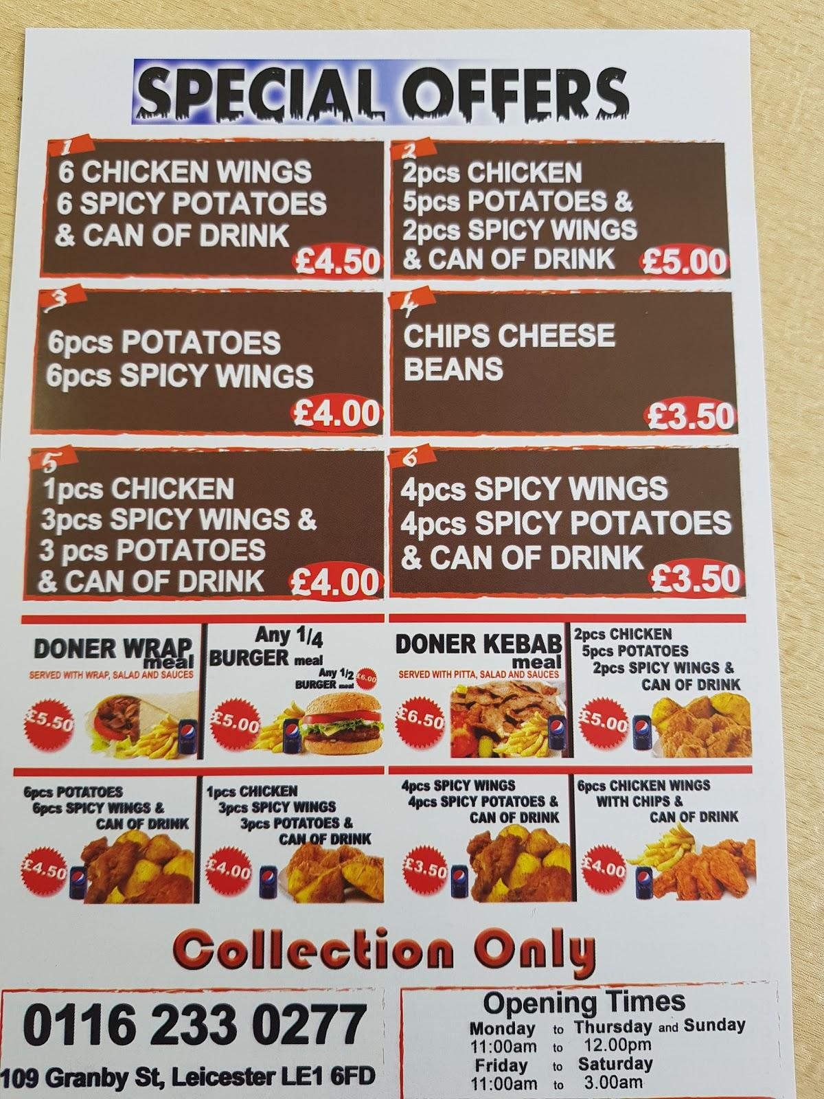 Menu at Grand Kebabs fast food, Leicester