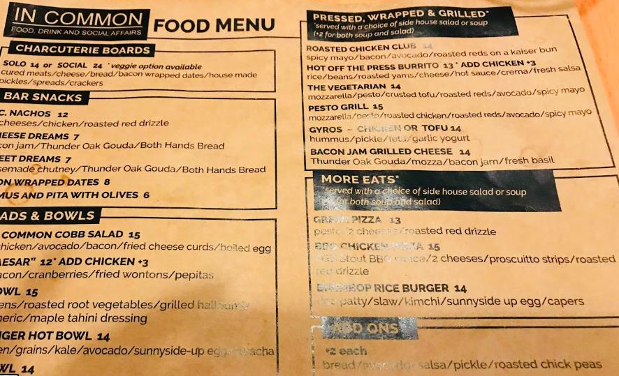 Menu at In Common pub & bar, Thunder Bay