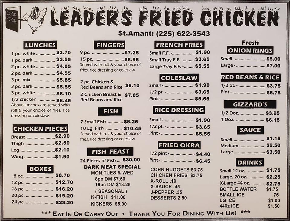Menu at Leader's Fried Chicken - St. Amant restaurant, Prairieville