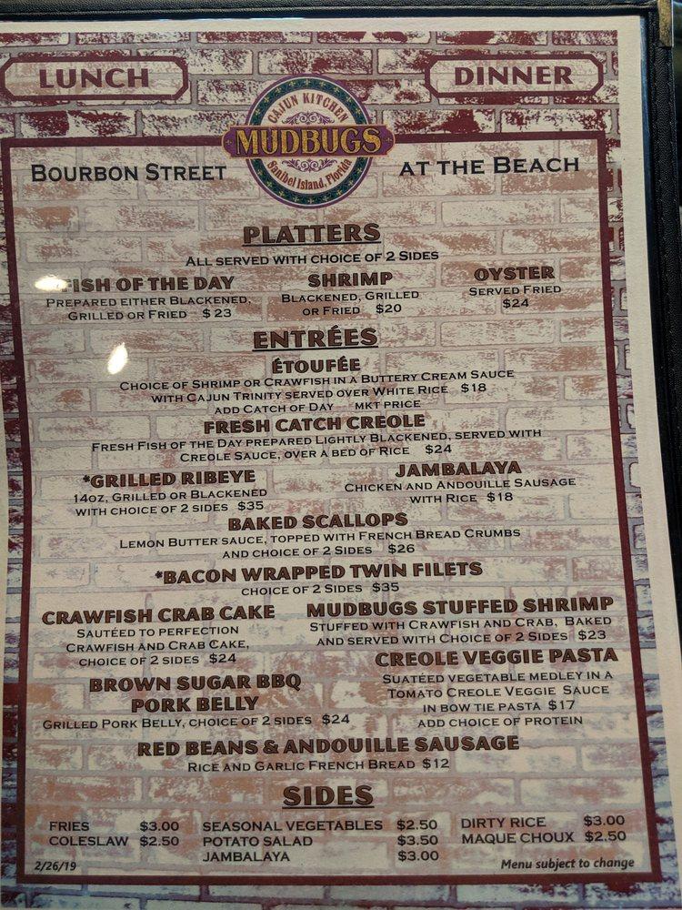 Menu at MudBugs Cajun Kitchen pub & bar, Sanibel