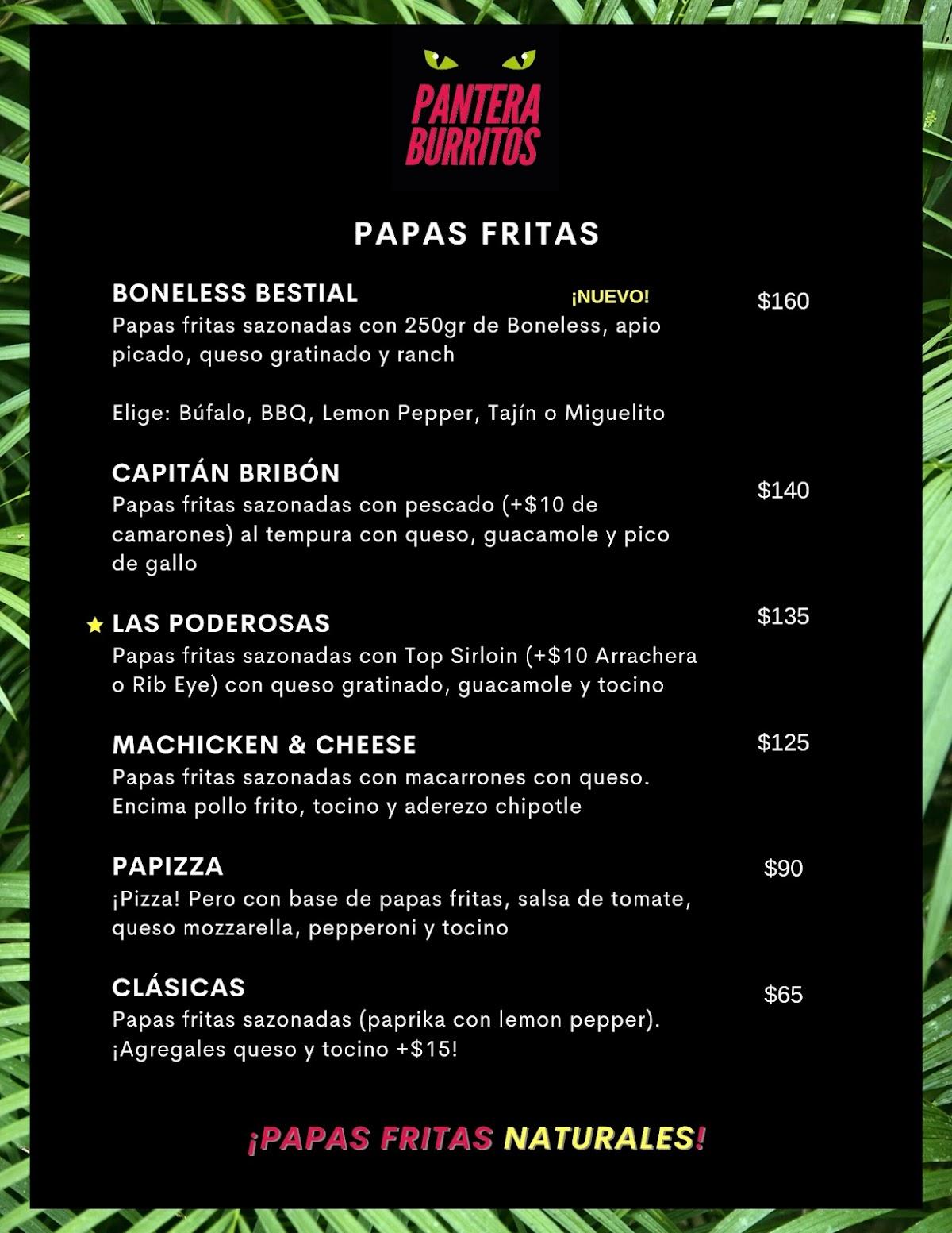 Carta del restaurante Pantera Burritos, Cancún