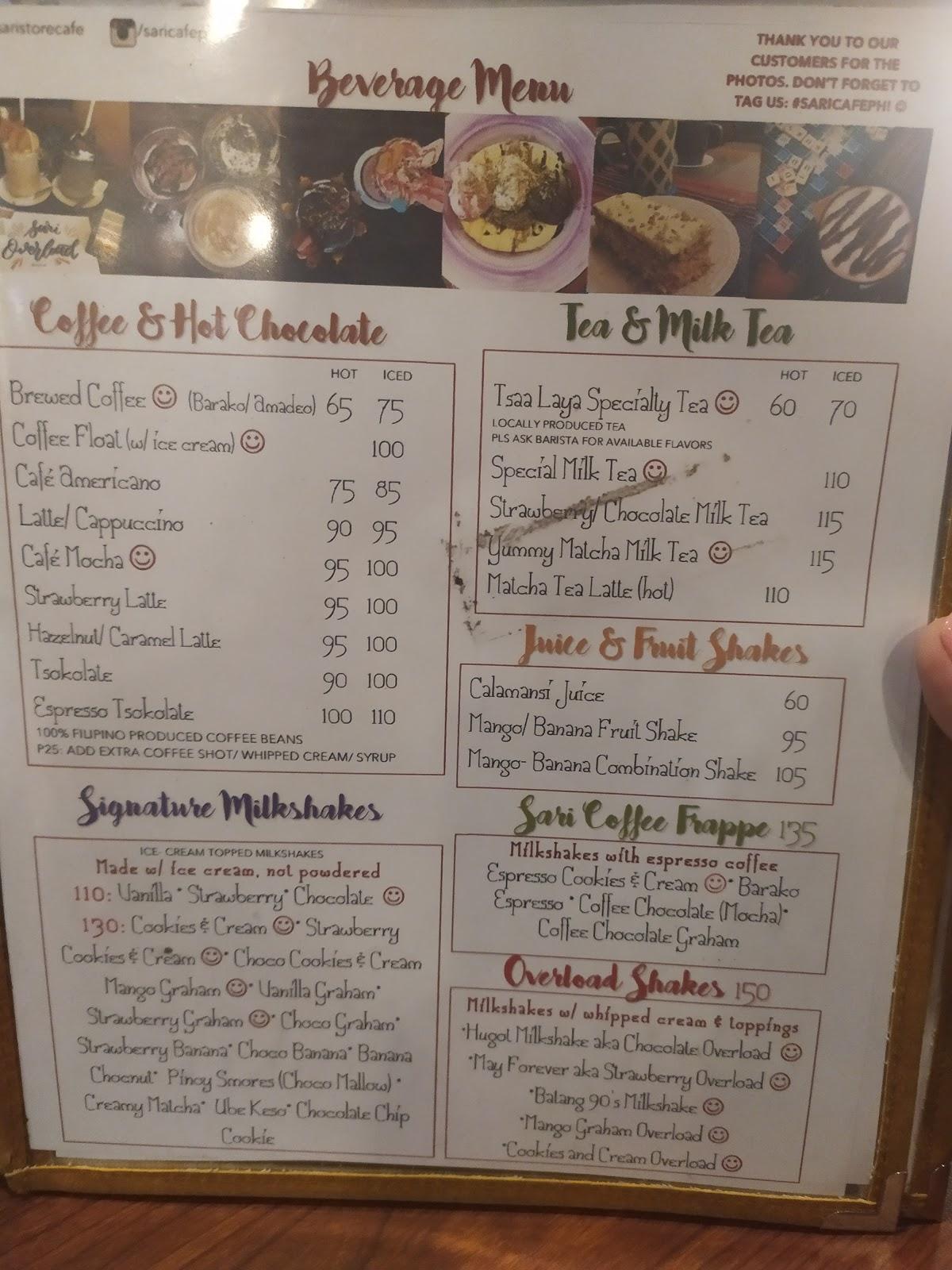Menu at Sari Your Local Store and Café restaurant, Dasmariñas