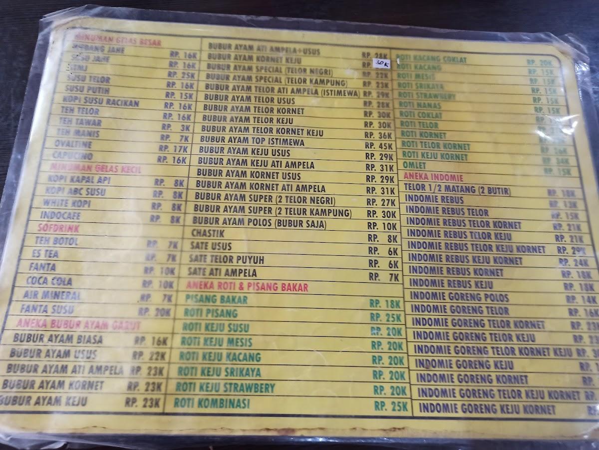 Menu at Es Sinar Garut Asli & Bubur ayam Taman jajan CBD Bintaro ...