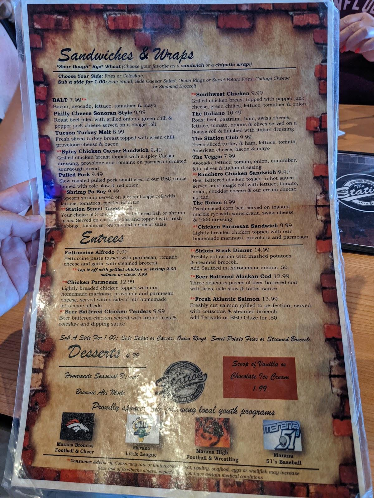 Menu at The Station Pub & Grill, Tucson