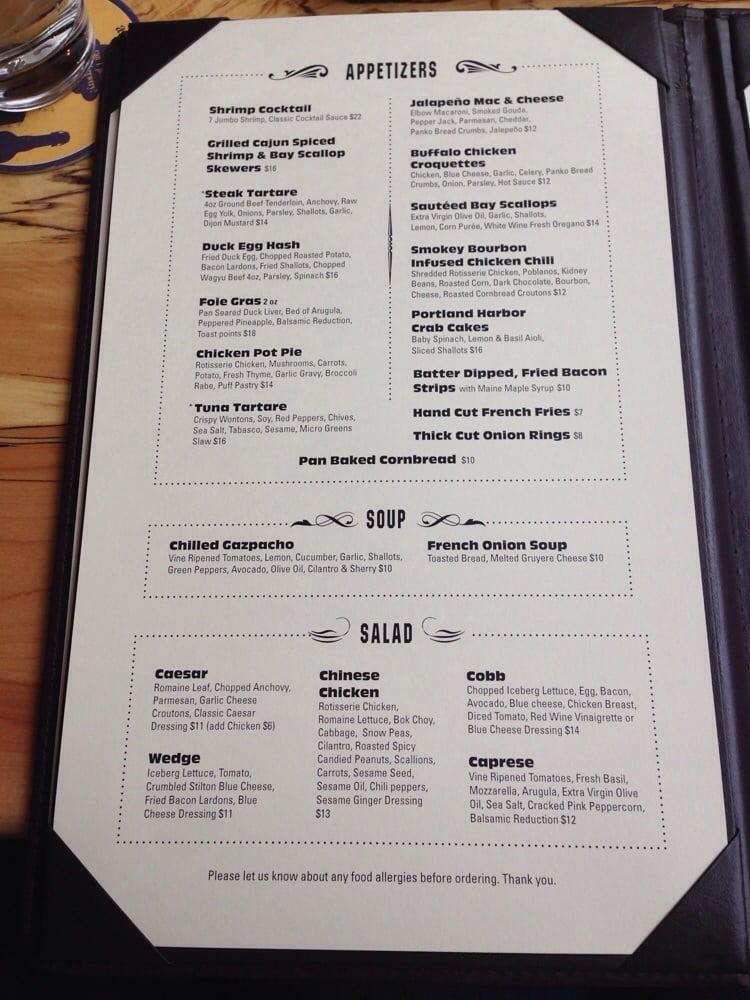 Menu at Timber steakhouse, Portland