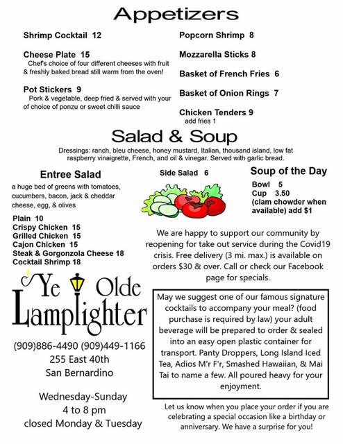 Menu at Ye Olde Lamplighter steakhouse, San Bernardino