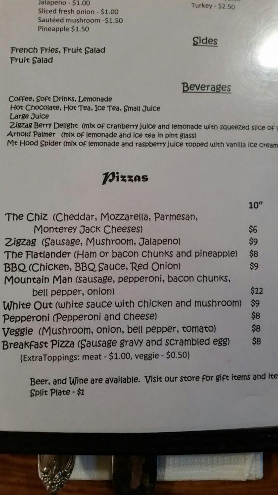 Menu at Zigzag Mountain Cafe, Mount Hood Village