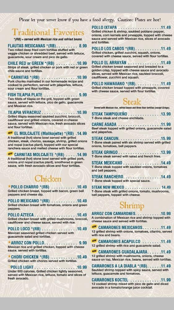 Menu at Agaves Mexican Grill restaurant, Ferdinand
