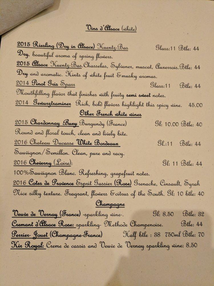 Menu at Cafe Alsace, Decatur
