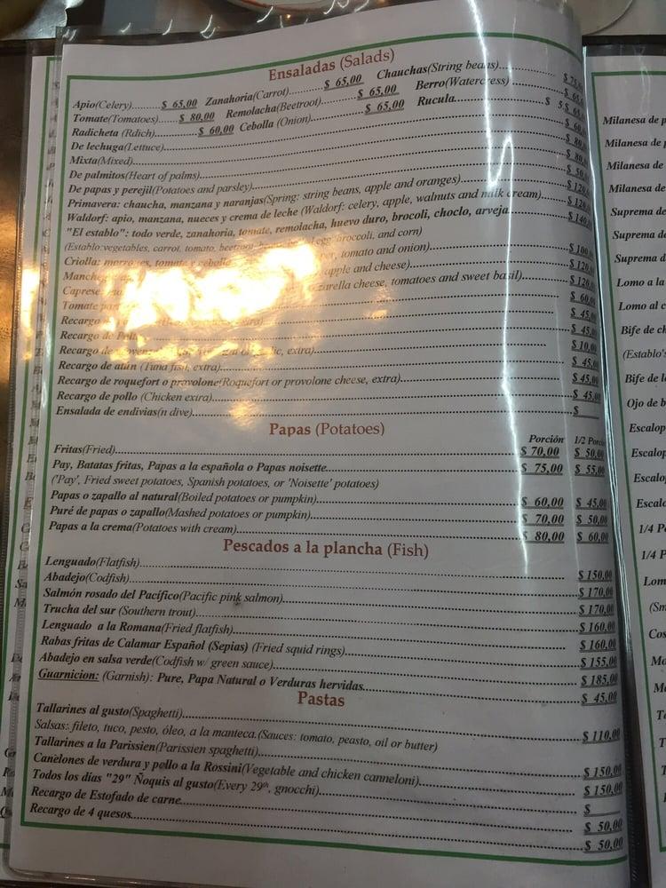 Menu at El Establo steakhouse, Buenos Aires, Paraguay 489
