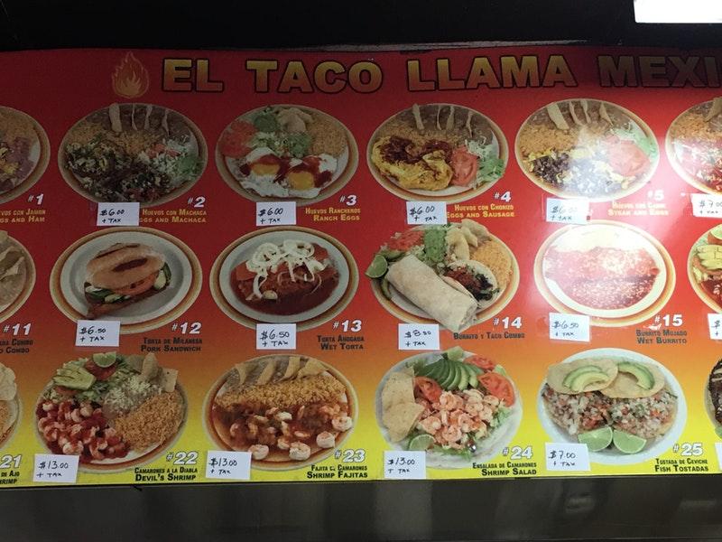 Menu at El Taco Llama fast food, Los Angeles, Topanga Canyon Blvd