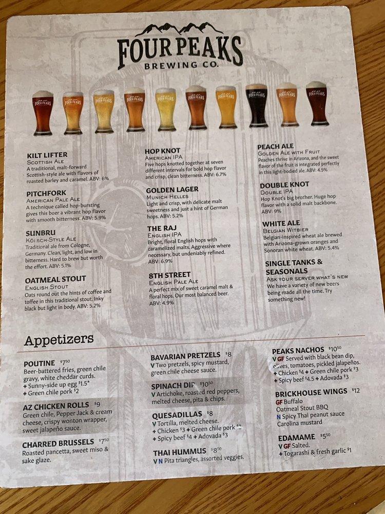 Menu at Four Peaks Brewing Company pub & bar, Tempe, E 8th St #104