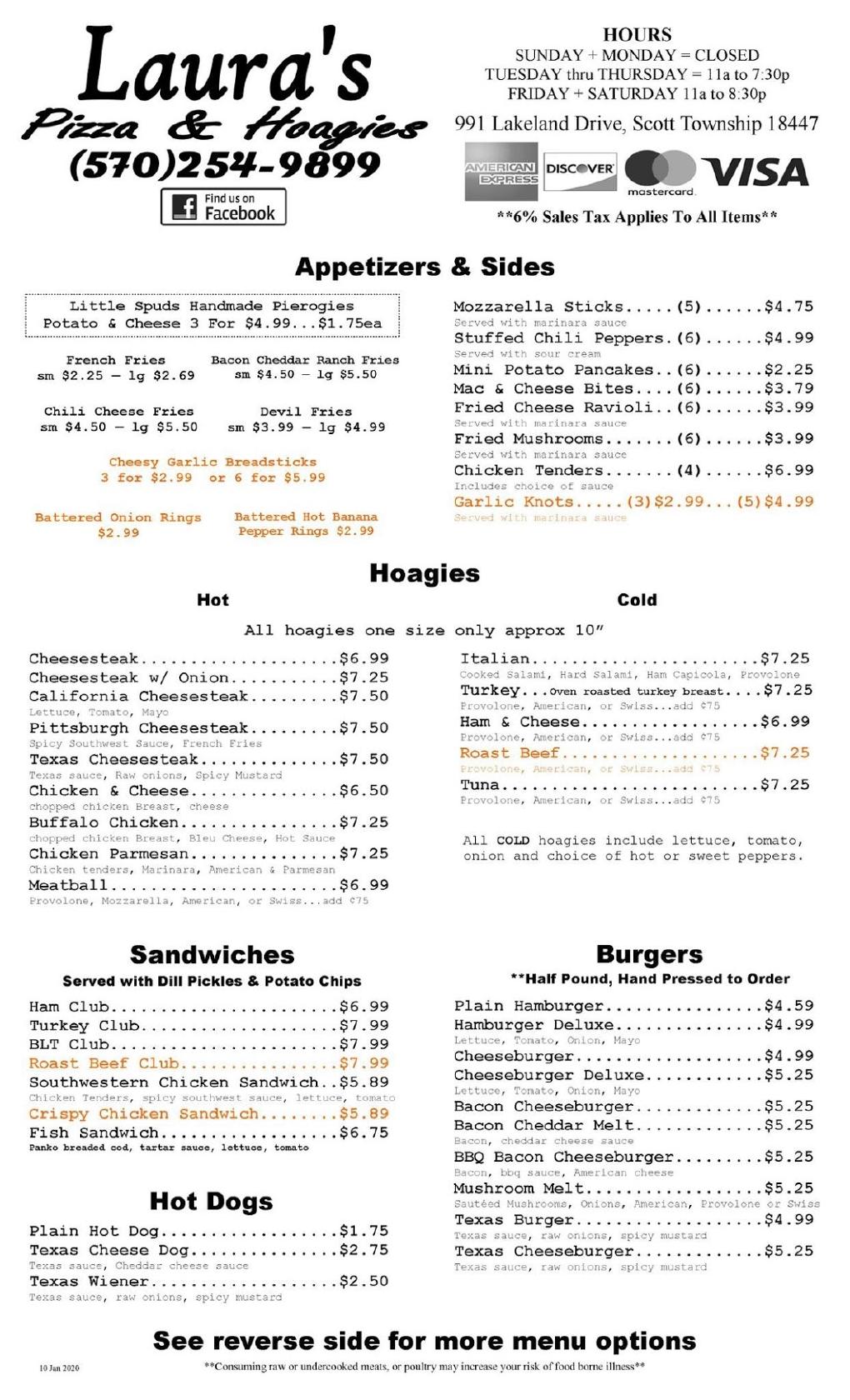 Menu at Laura's Pizza & Hoagies pizzeria, Archbald