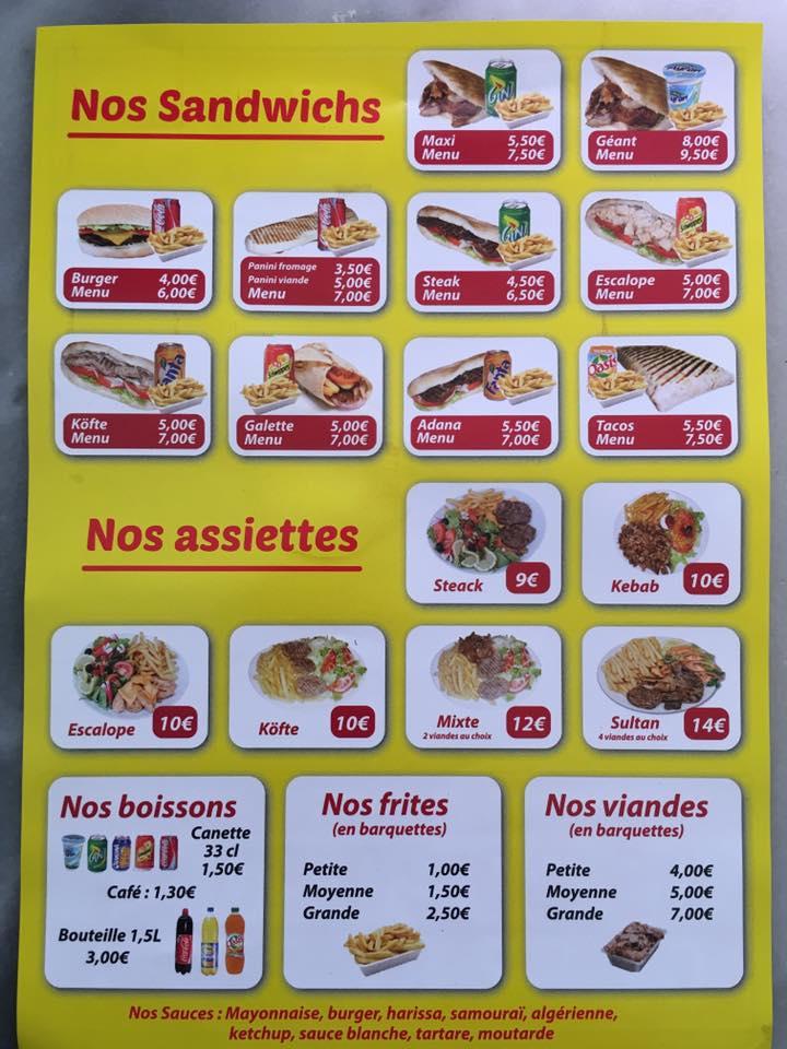 Menu at Le Sultan Kebab restaurant, Saint-Étienne