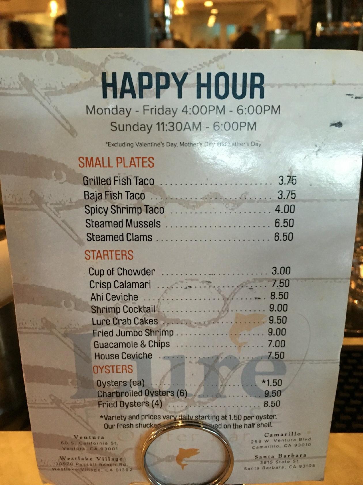 Menu at Lure Fish House pub & bar, Camarillo