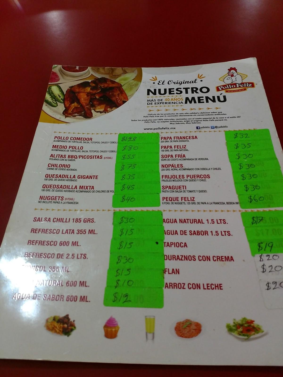 Menu at Pollo Feliz restaurant, Mexico City, Calz. de la Viga 1566