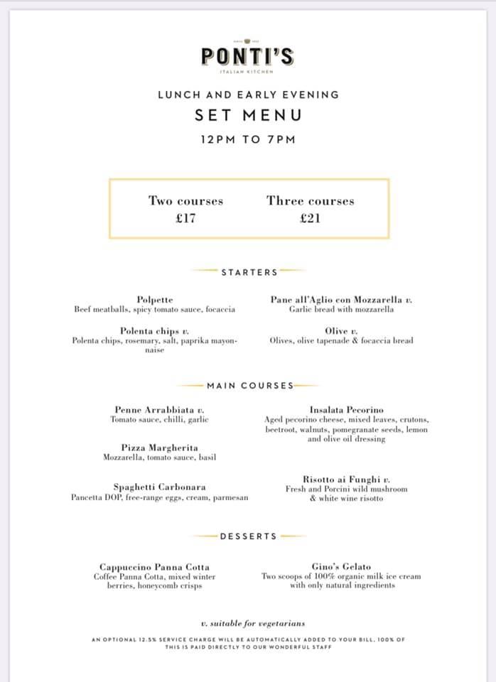 Menu at Ponti's Italian Kitchen restaurant, Sheffield