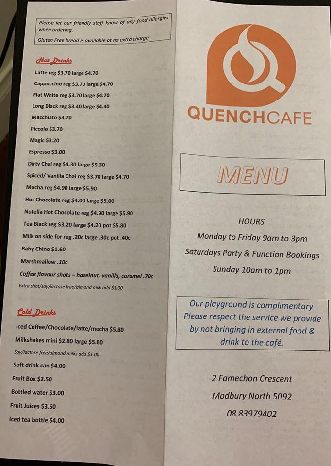 Menu at Quench Cafe, Modbury North