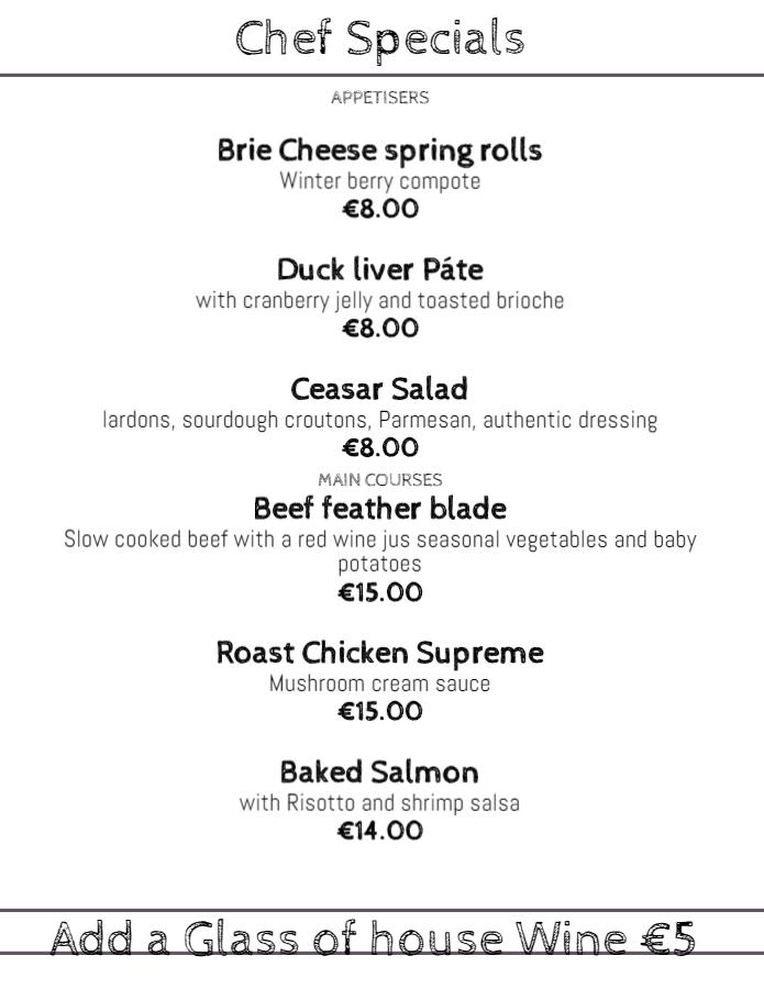 Menu at The Rising Sun restaurant, Mullinavat, Main Street