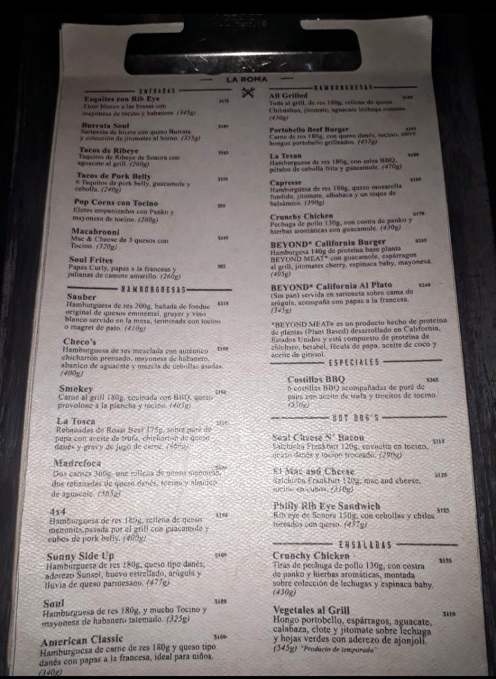 Carta del restaurante Soul La Roma, Ciudad López Mateos