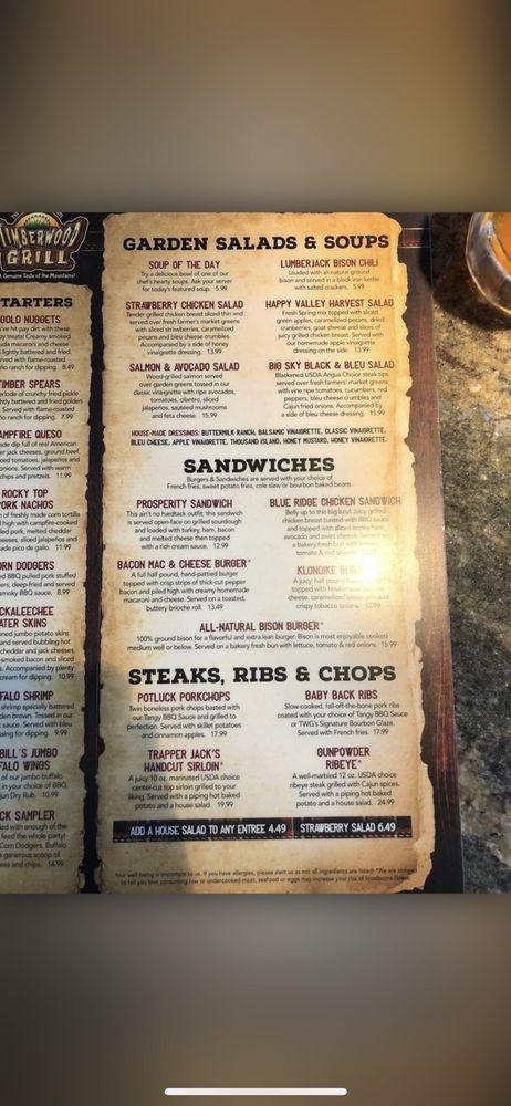 Menu at Timberwood Grill pub & bar, Pigeon Forge