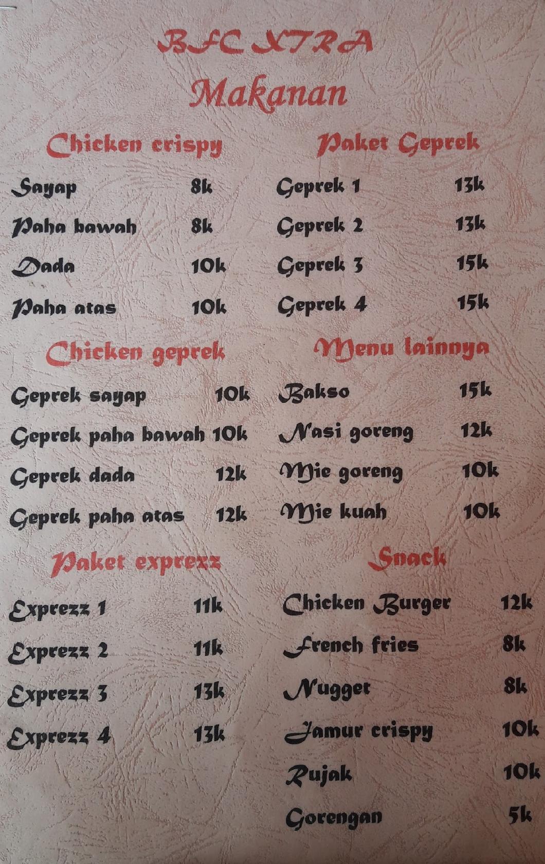 Menu at BFC Duo Xtra restaurant, Bengkulu