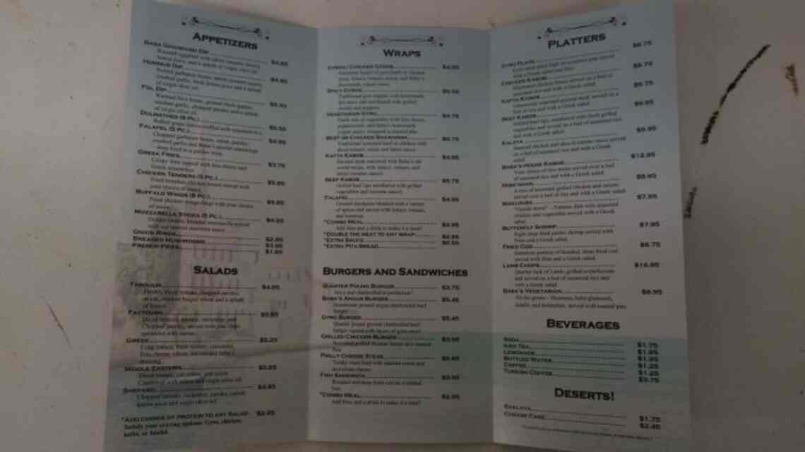 Menu at Babas Shawarma Grill restaurant, Cincinnati