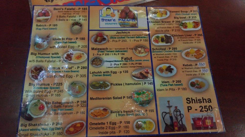 Menu at Beni's Falafel restaurant, Makati, H28H+7FW