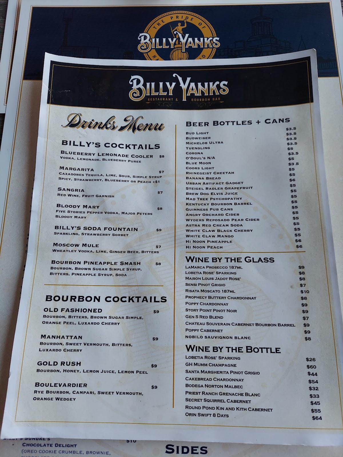 Menu at Billy Yanks pub & bar, Hamilton