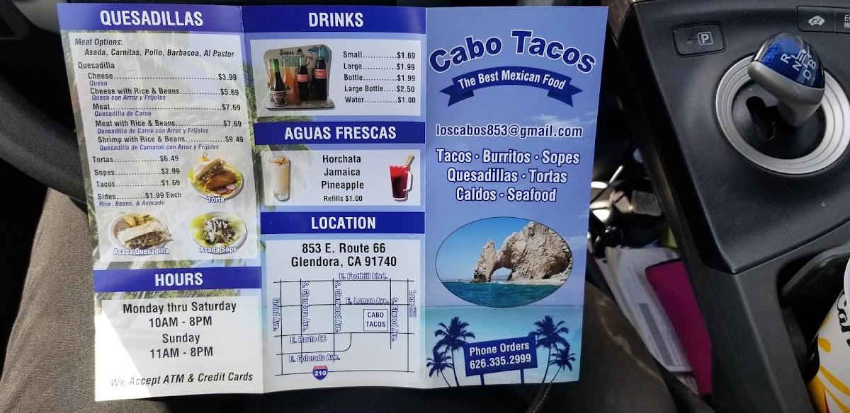 Menu at Cabo Tacos restaurant, Glendora
