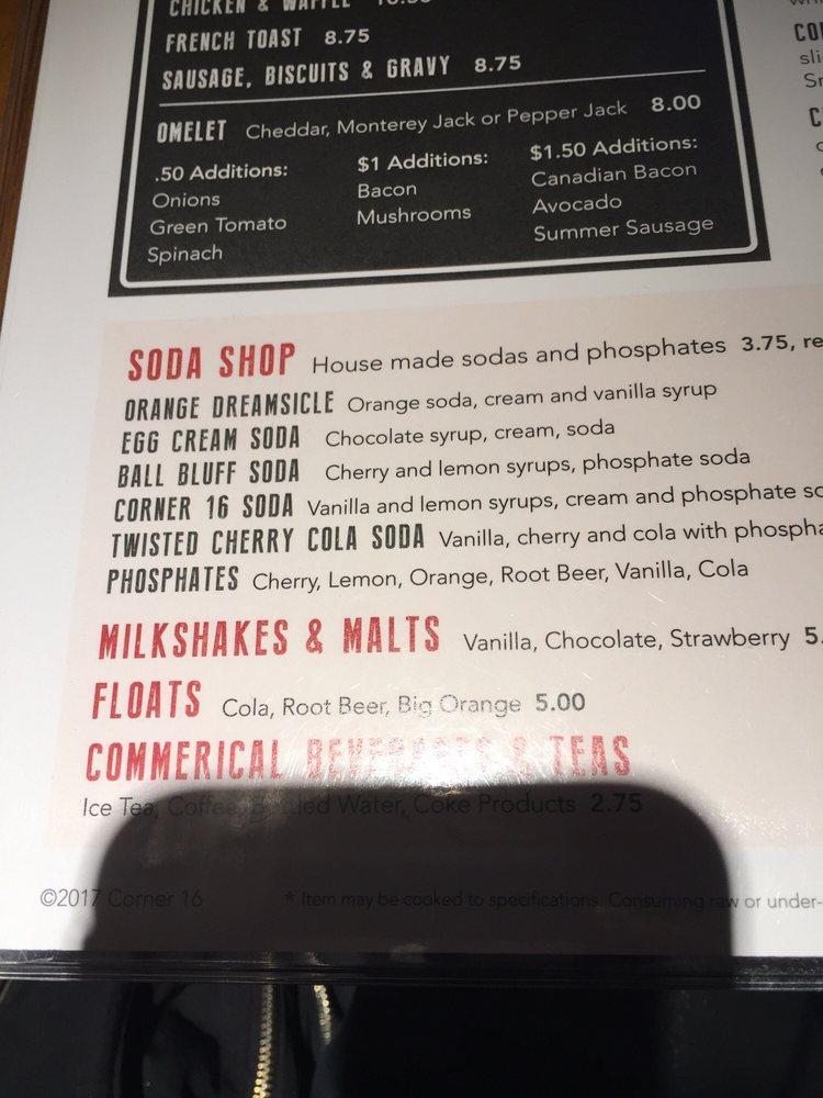 Menu at Corner16 restaurant, Knoxville, Bob Kirby Rd