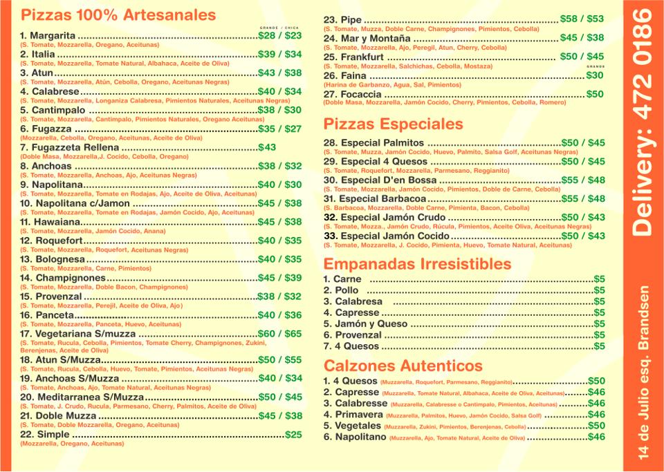 Carta del restaurante D'en Bossa, Mar del Plata