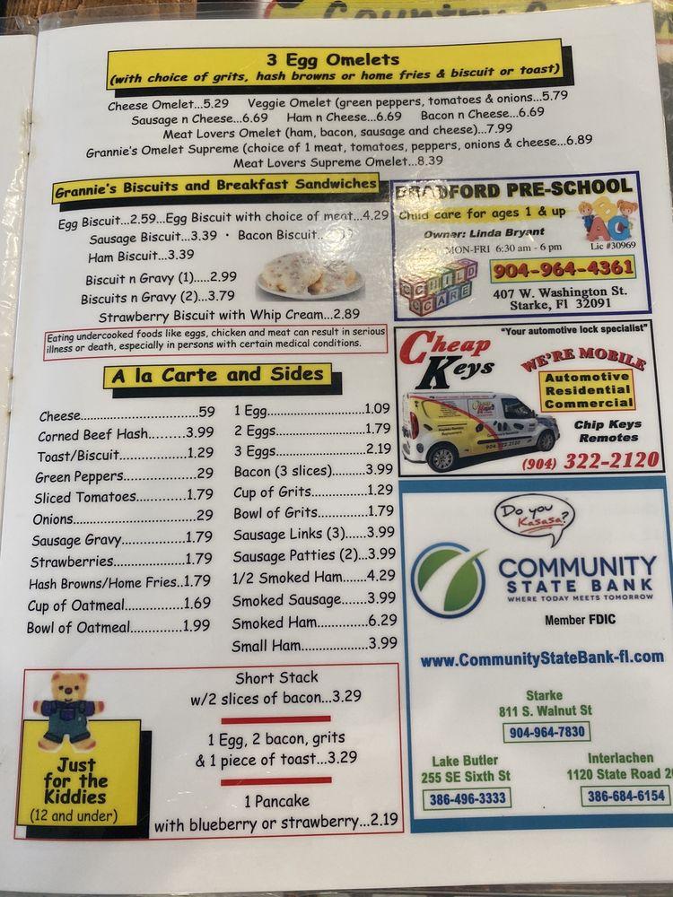 Menu at Grannie's Country Cookin' restaurant, Starke