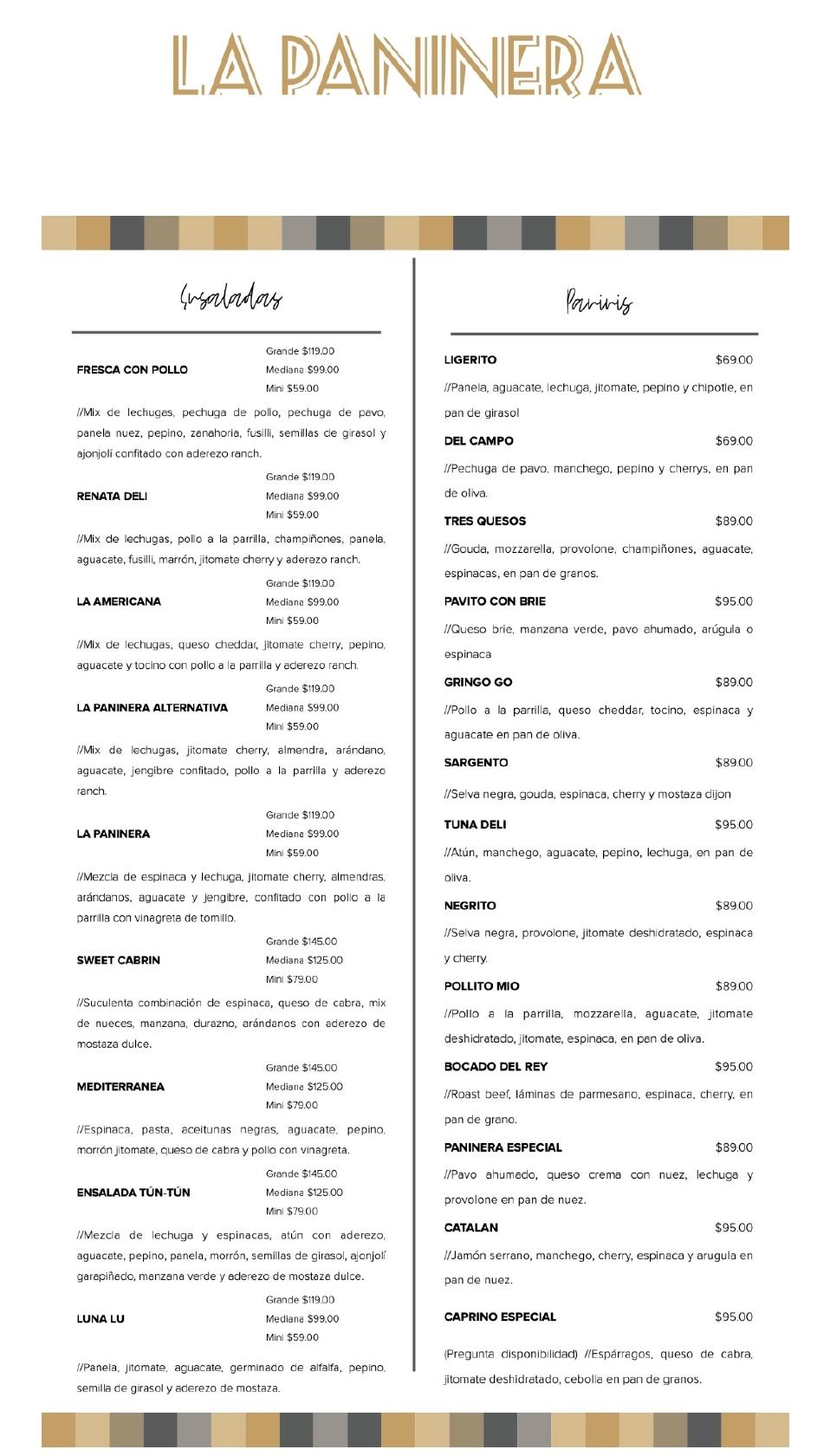 Carta del restaurante La Paninera, Zamora