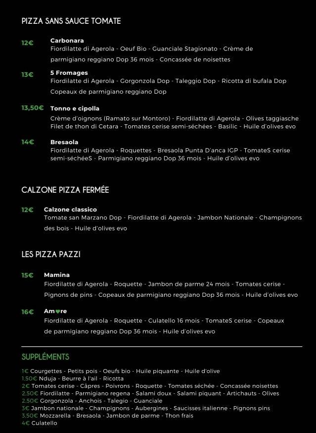 Menu au Pizza Pazzi, Neupré