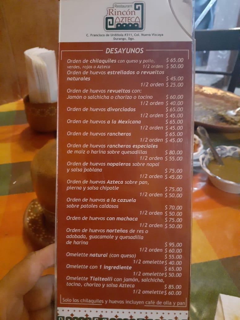 Menu at Rincon Azteca restaurant, Durango, C. Francisco de Urdinola 311