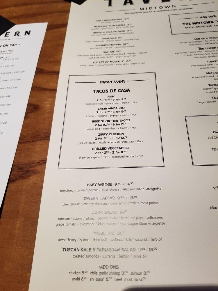 Menu at Tavern pub & bar, Nashville