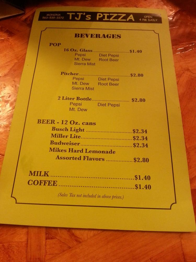 Menu at TJ's Pizza pizzeria, Monona