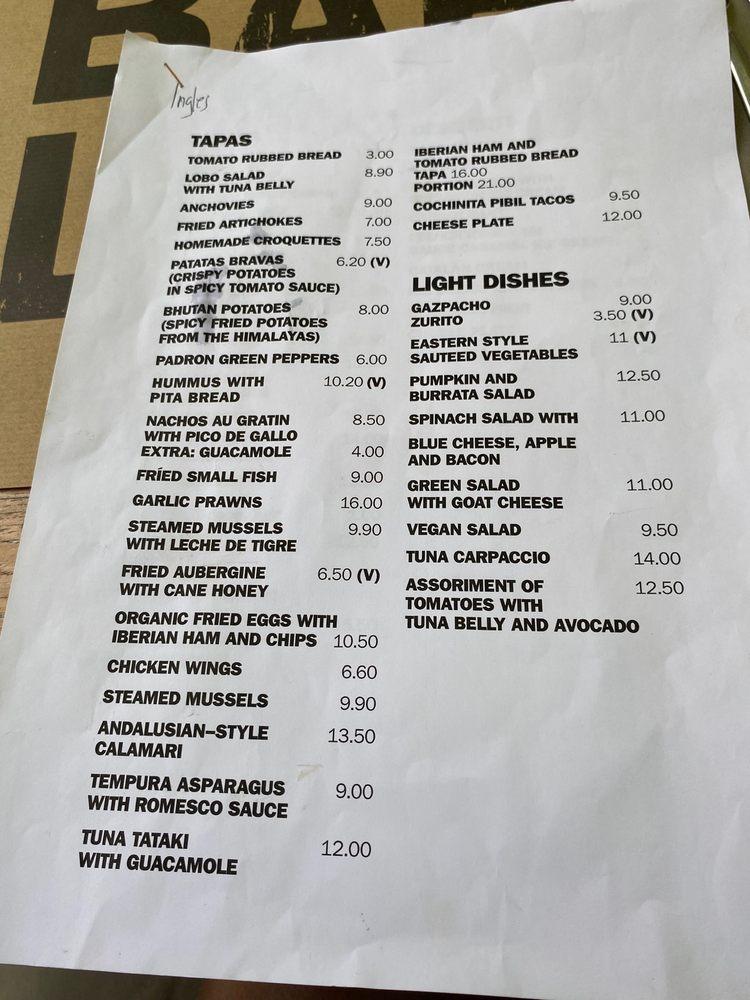 Menu at Bar Lobo, Barcelona