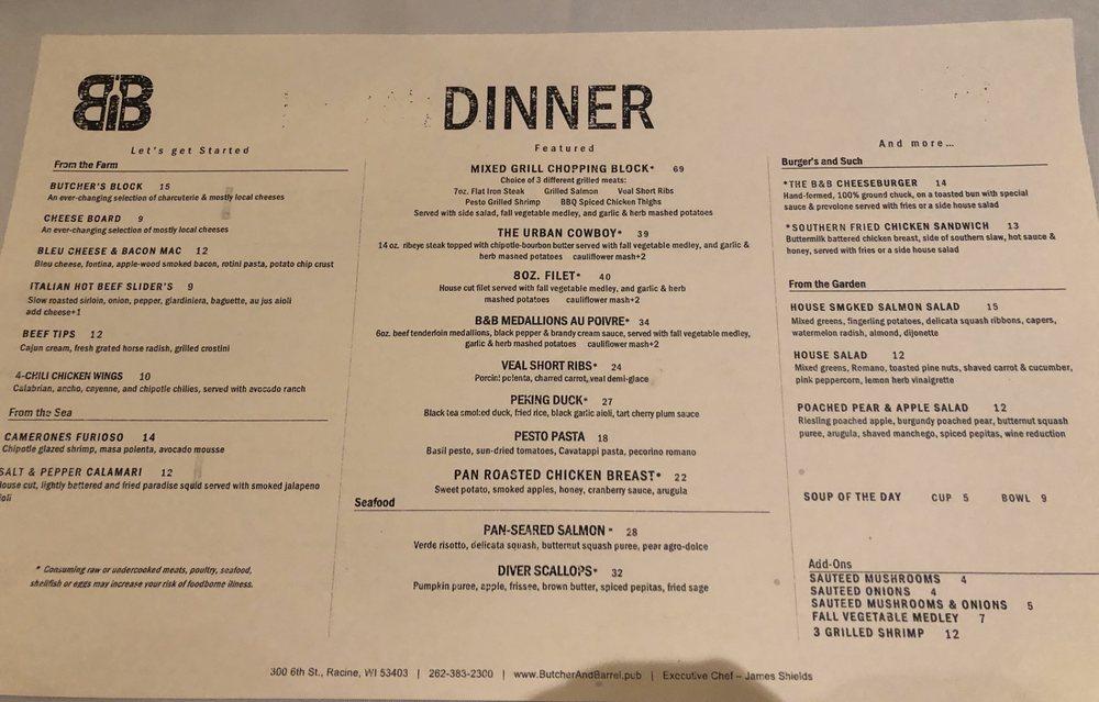 Menu at Butcher & Barrel Gastropub, Racine