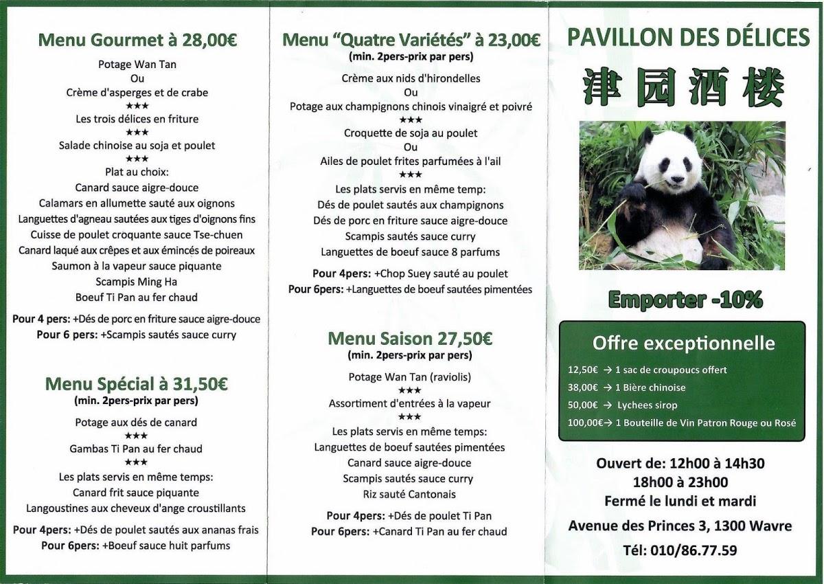 Menu au Pavillon Des Delices, Wavre
