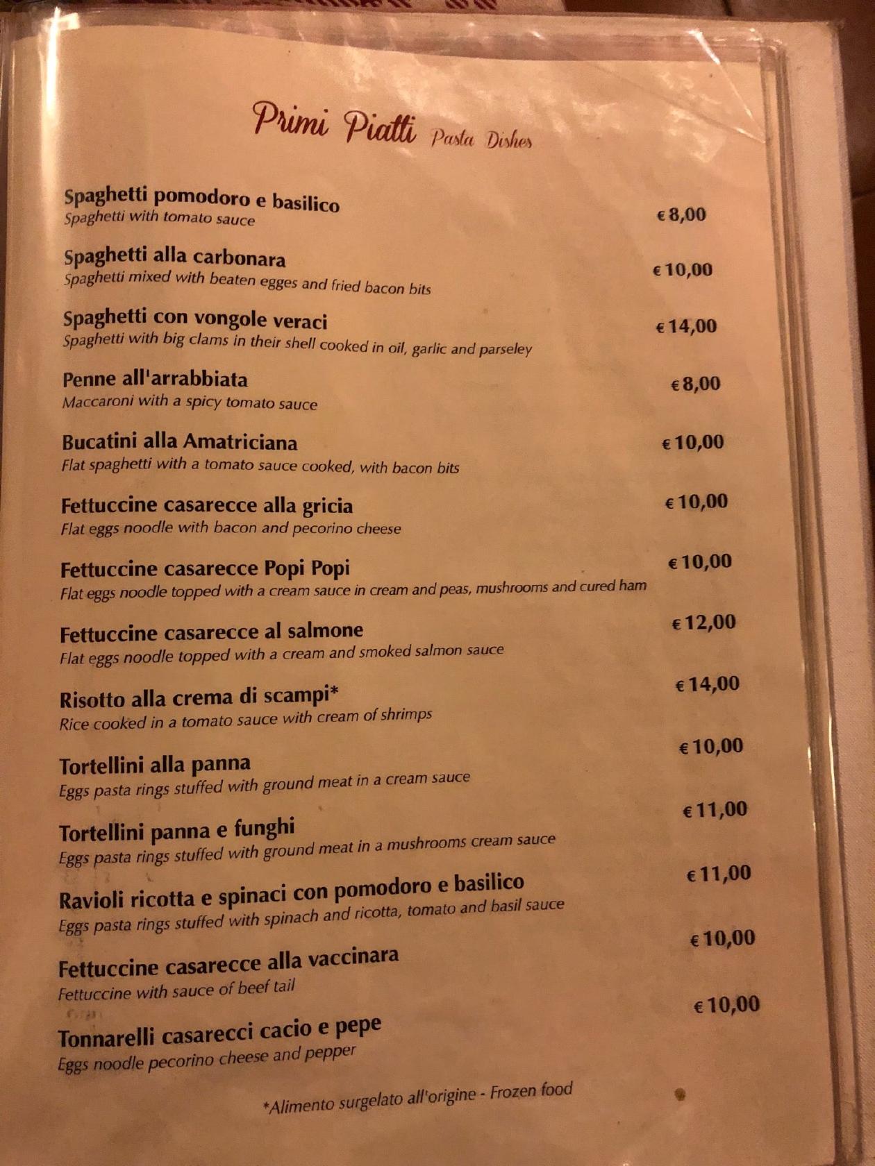 Menu da Popi Popi pizzeria, Roma, Via delle Fratte di Trastevere