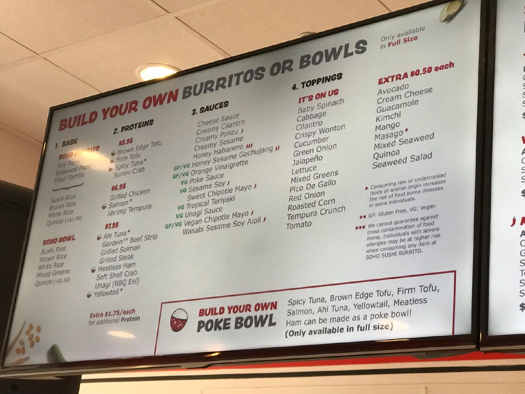 Menu at SOHO Sushi Burrito fast food, Las Vegas, Badura Ave