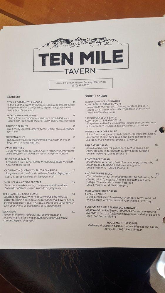 Menu at Ten Mile Tavern pub & bar, Copper Mountain, 209 Ten Mile Cir