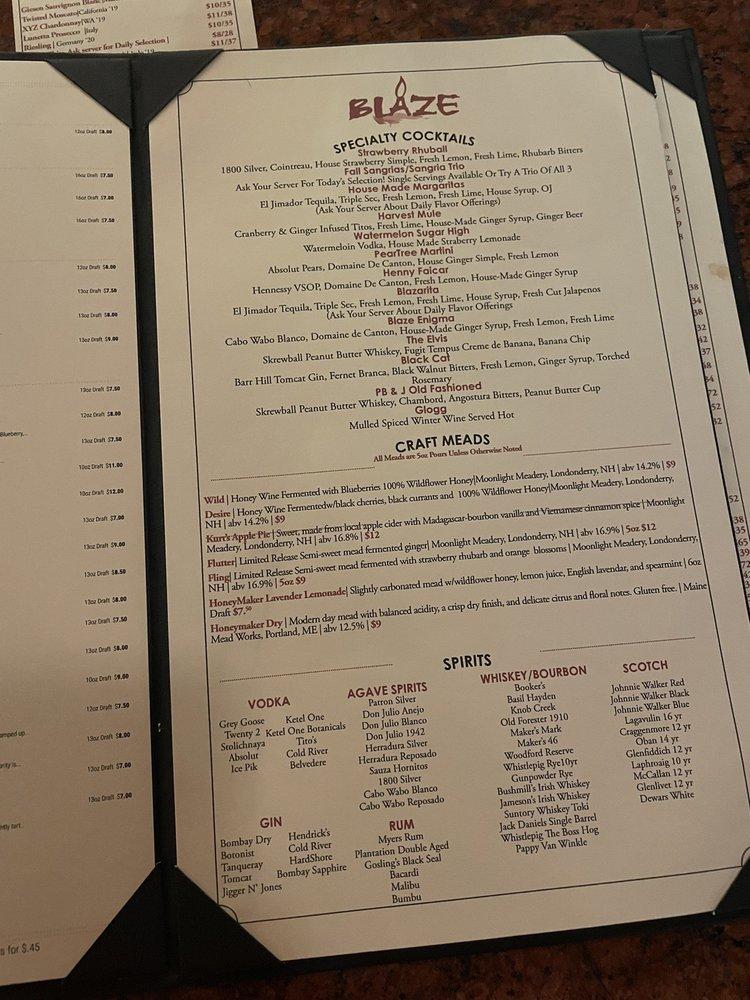 Menu at Blaze Bangor pub & bar, Bangor