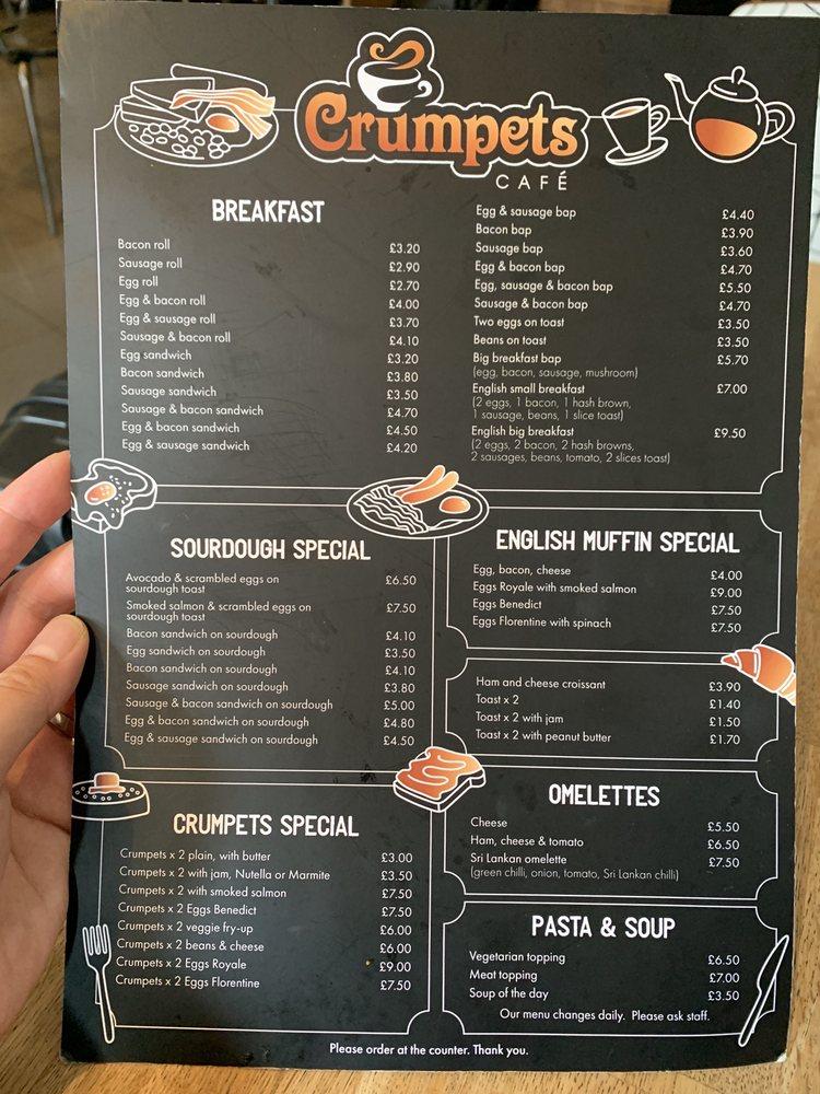 Menu at Crumpets cafe, London, 82 Buckingham Gate