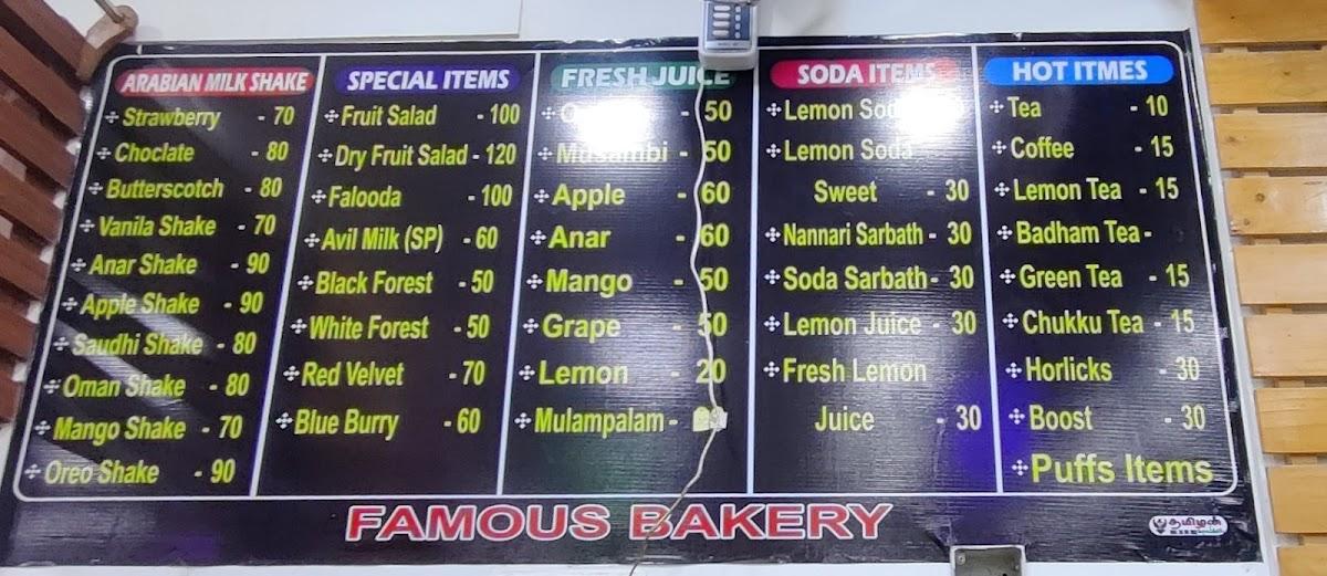 Menu at Famous bakes, India, F6RH+C9V